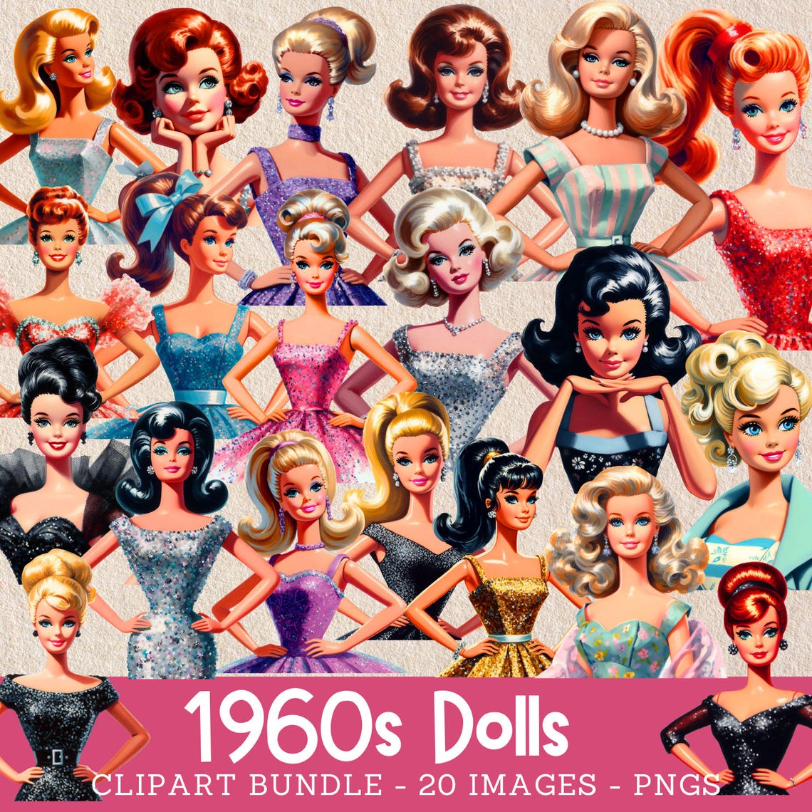 Retro Doll Clipart Bundle Vintage 1960s Dolls Digital Images Commercial ...