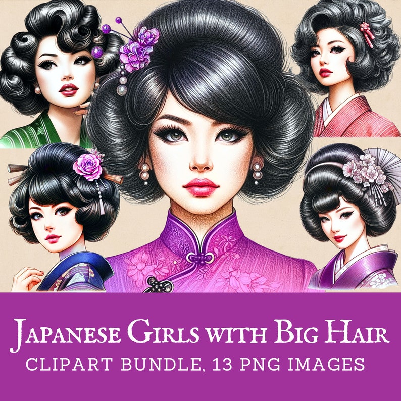 Vintage Japanese Girls With Big Hair Clipart Bundle Japan Clipart ...