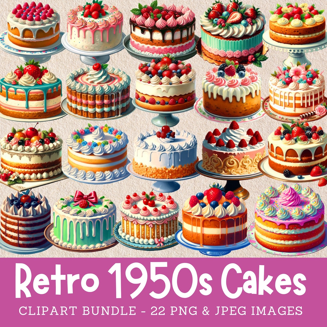 Retro Cakes Clipart Bundle Beautiful 1950s Cakes Digital Image Download ...