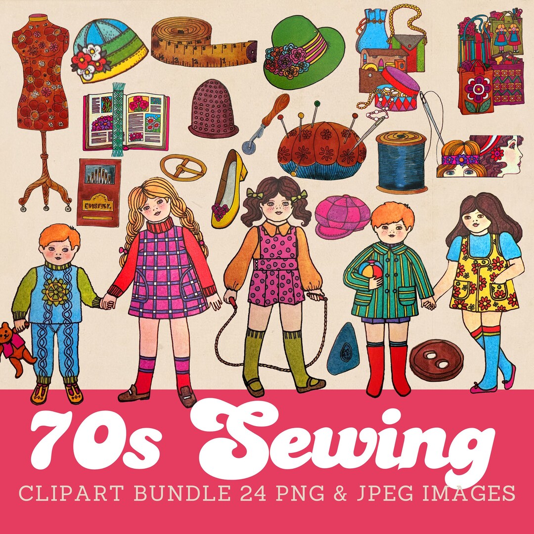 Retro 70s Sewing Clipart Bundle: Vintage Kids PNG Images (digital ...