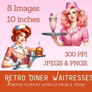 Retro Diner Waitress Clipart Bundle Vintage Waitress PNG 1950s Style ...