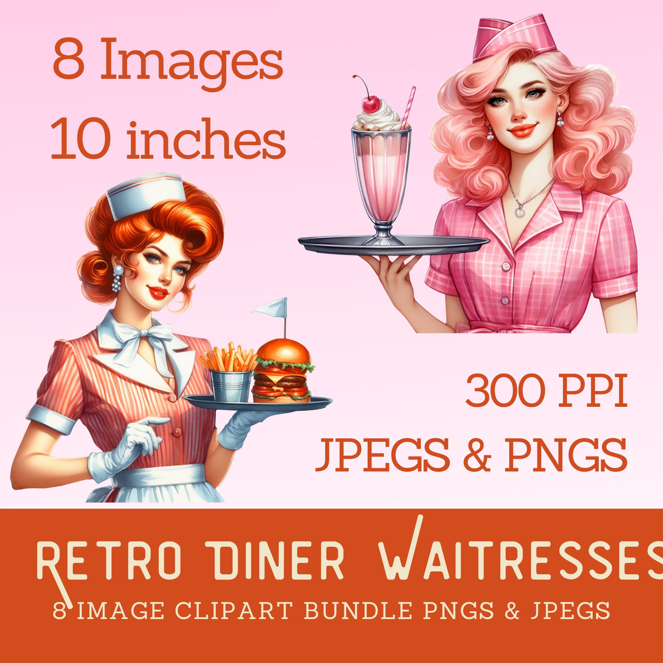 Retro Diner Waitress Clipart Bundle Vintage Waitress PNG 1950s Style ...