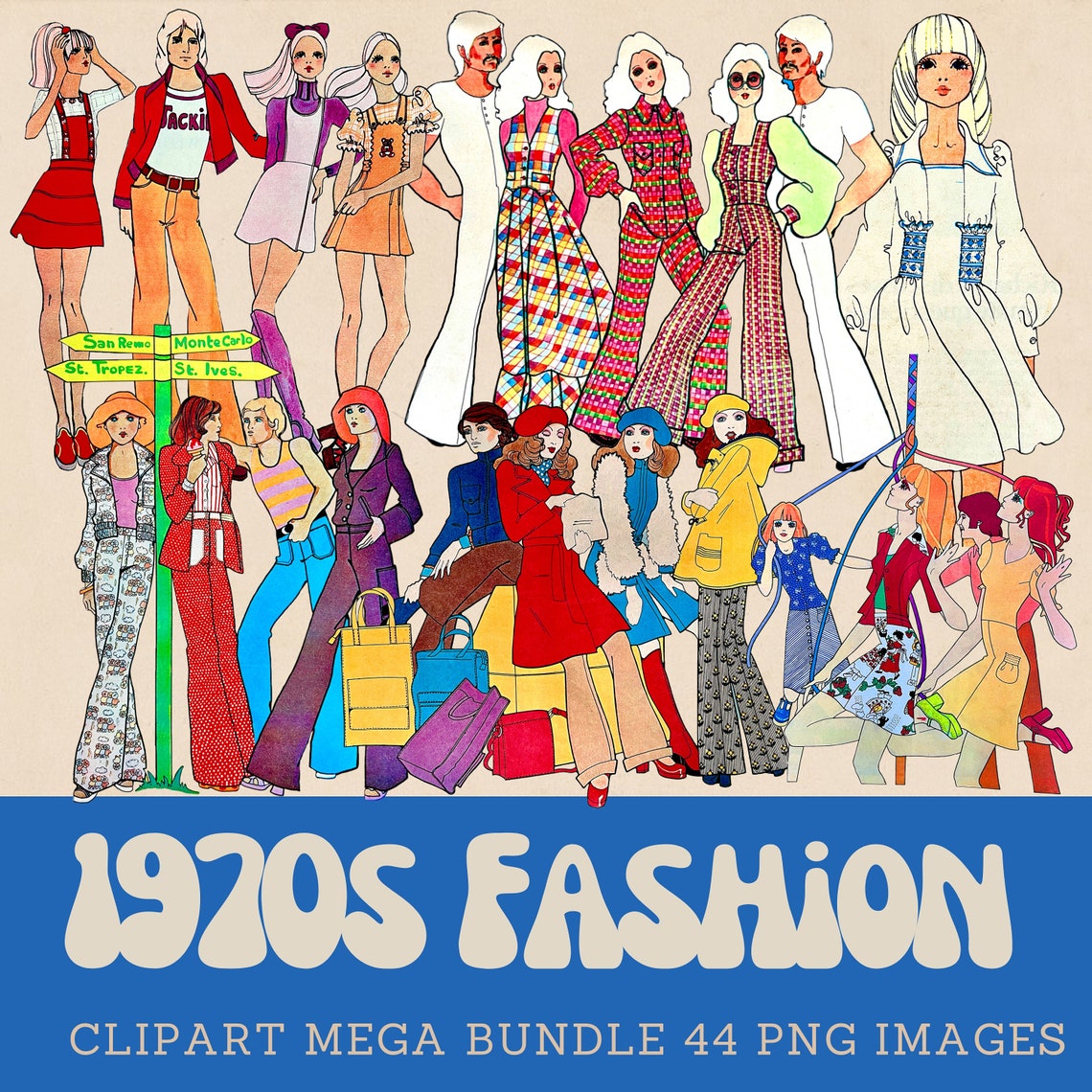 1970s Fashion Clipart Bundle Groovy 70s Teens 70s Vintage Clipart Mega ...