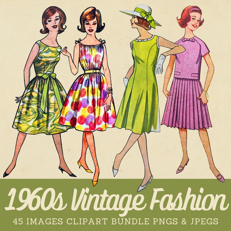 1960s Fashion Clipart Bundle, Midcentury Women's Fashion, 1960s Vintage ...