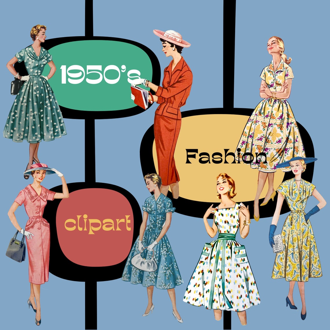 1950s Fashion Clipart Bundle Vintage Dresses Digital Images 1950s ...