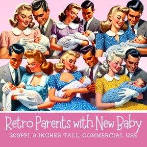 Retro Parents With Baby Clipart Bundle Retro Mom and Dad Holding New ...