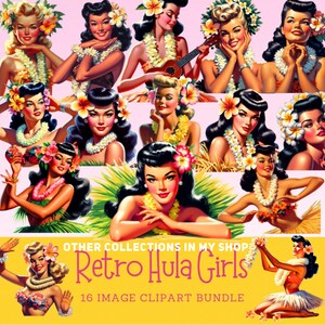 Retro Hula Girls and Hula Kane Clipart Bundle Vintage Hula Dancer Digital Images 1950s Hawaiian ...