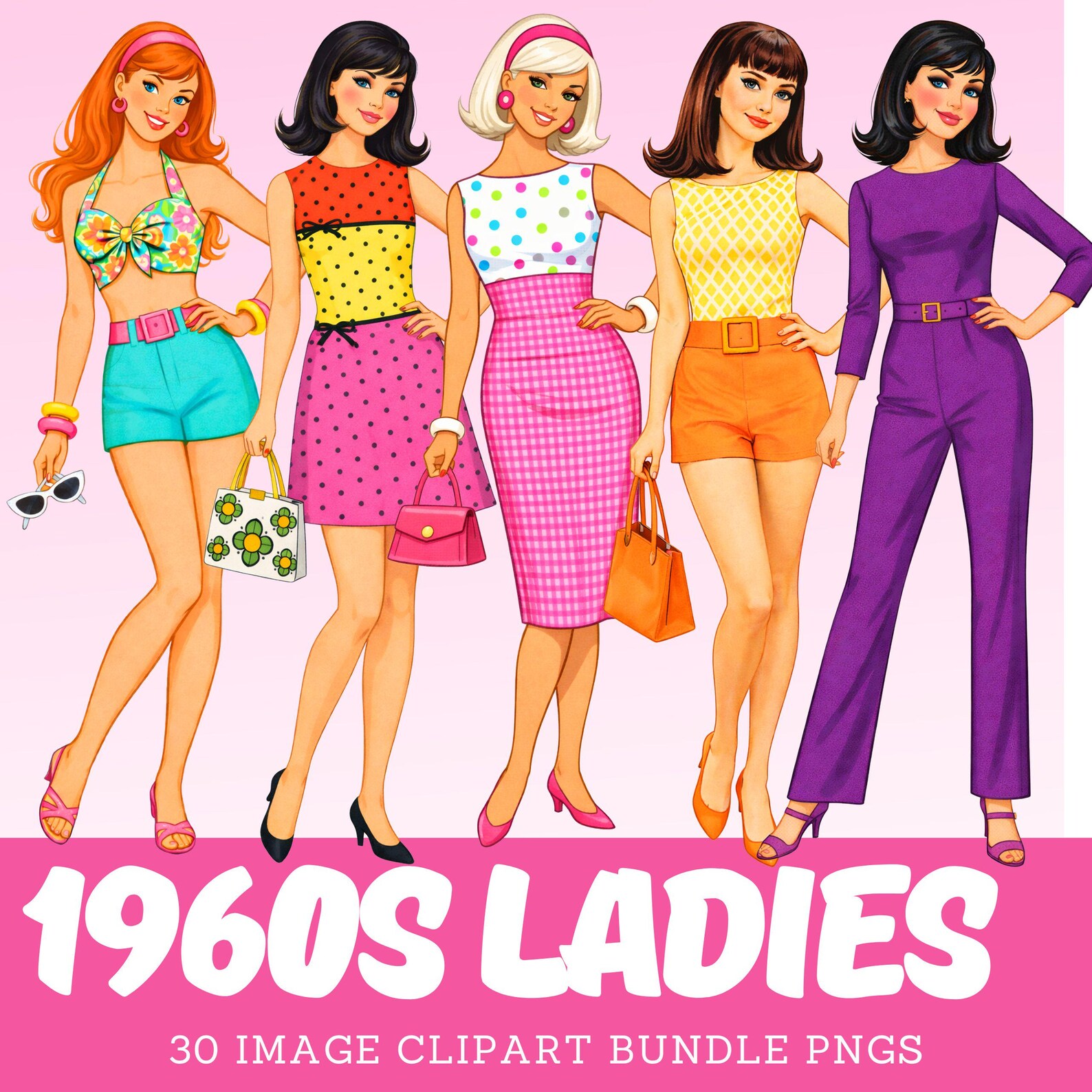 1960s Women Fashion Clipart Bundle: Midcentury Go-go Girls (digital ...