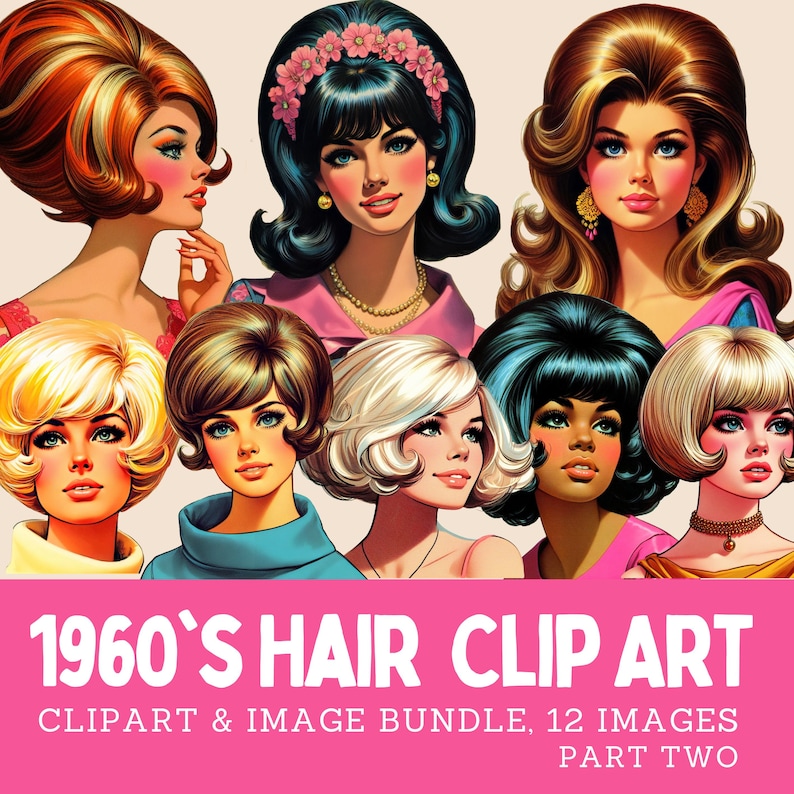 Retro 1960s Hairdo Clipart Bundle: Fashion Wigs, Styles (digital Images ...