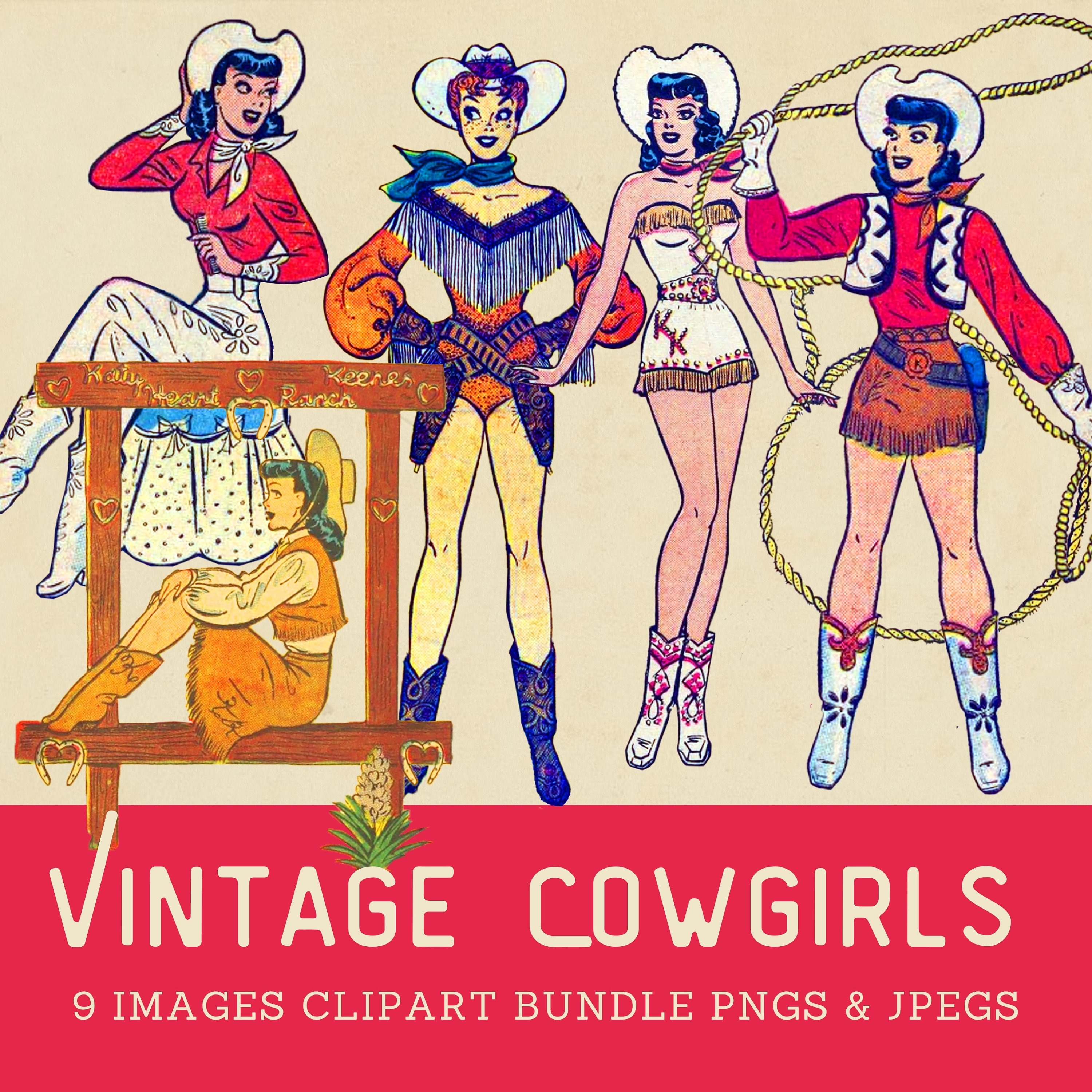Vintage Cowgirls Clipart Bundle 1940s Women Cowgirl Fussy Cuts Western ...