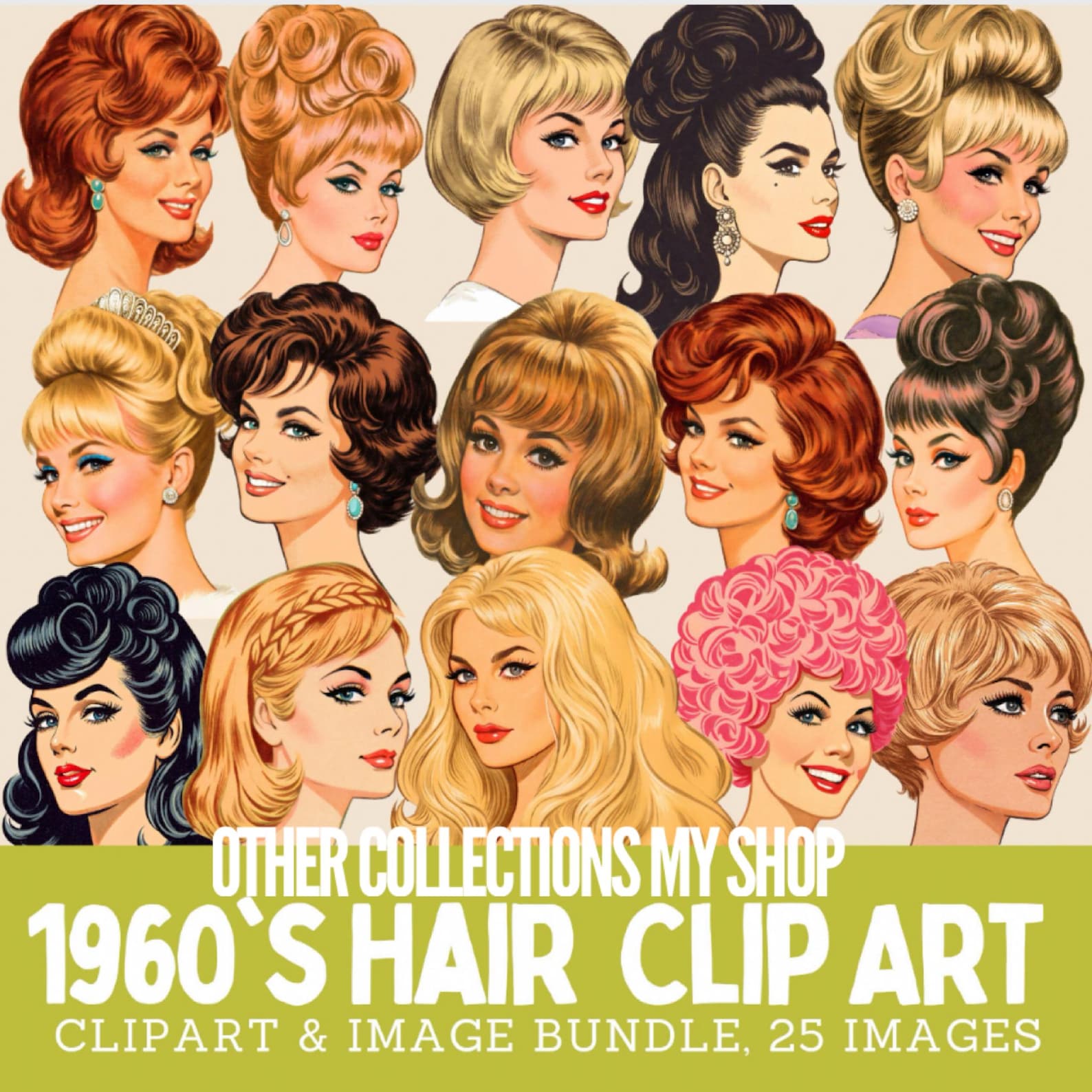 Retro 1960s Hairdo Clipart Bundle: Fashion Wigs, Styles (digital Images ...