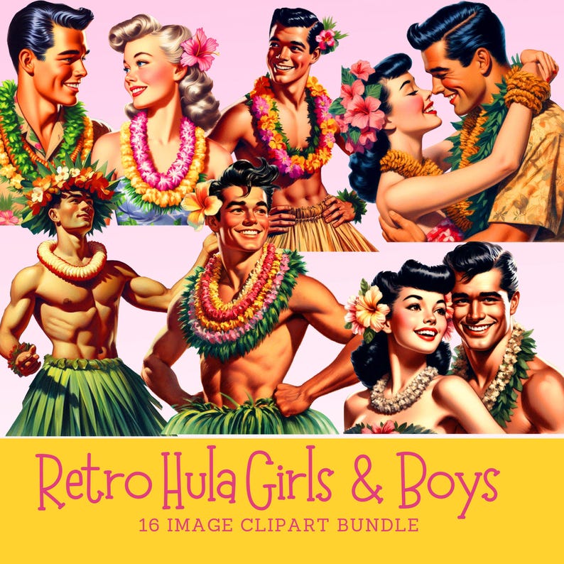 Retro Hula Dancer Clipart: 1950s Hawaiian Hula Girls & Boys (PNG ...