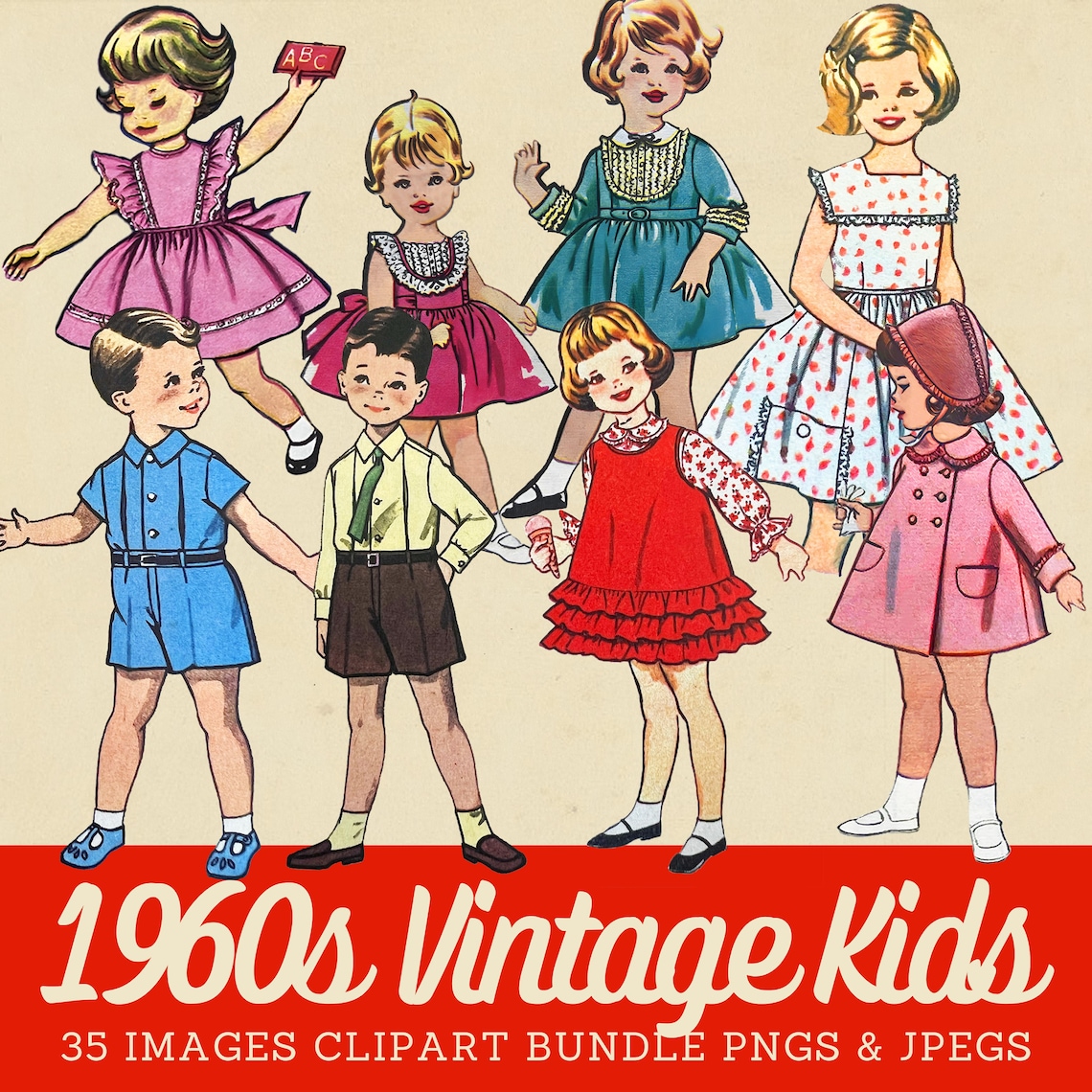 1960s Kids Clipart Bundle 1960s Children Fussy Cuts Mega Clipart Bundle ...