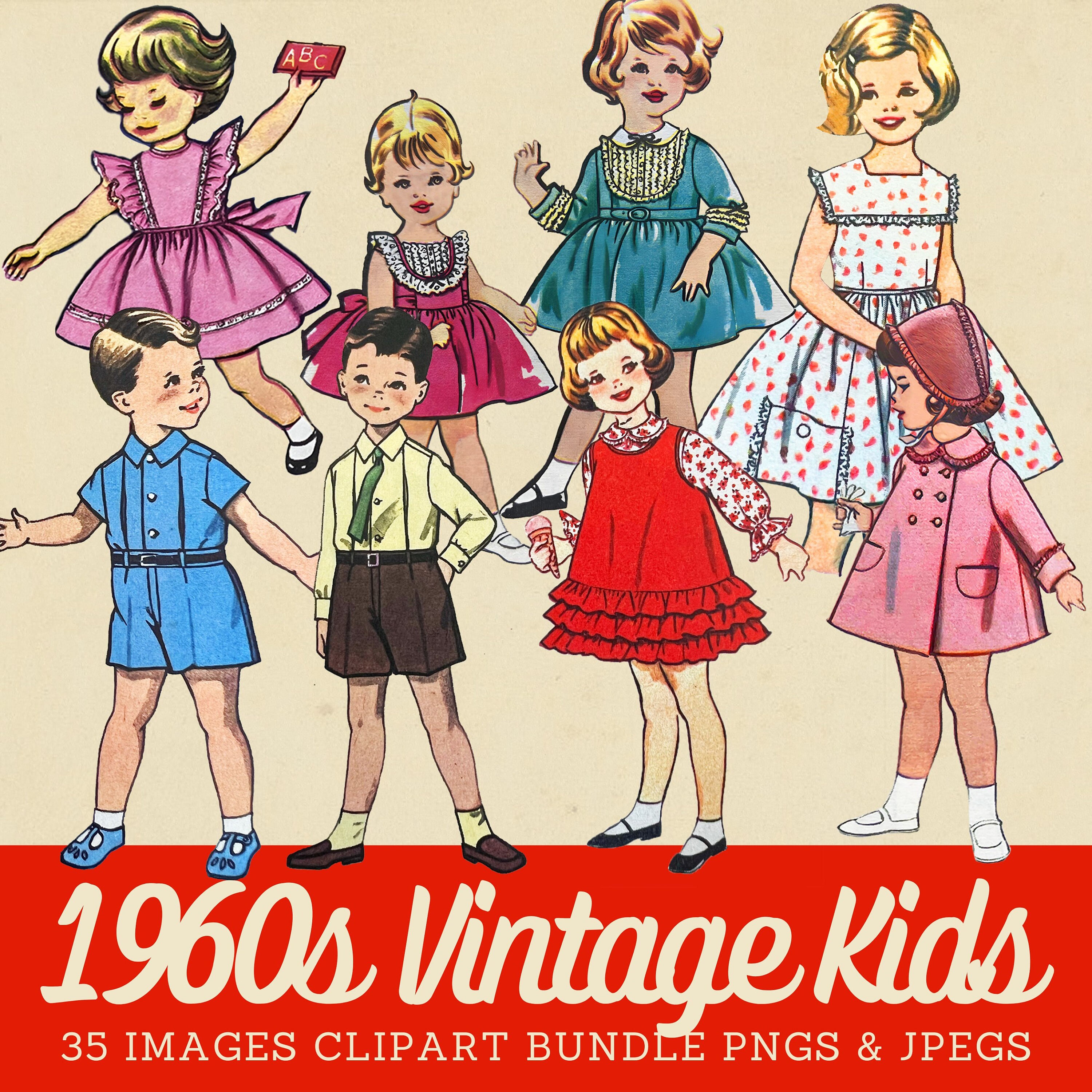1960s Kids Clipart Bundle 1960s Children Fussy Cuts Mega Clipart Bundle ...