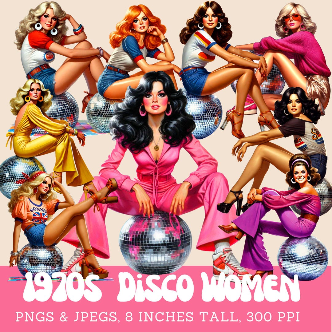 70s Disco Ladies 1970s Woman Clipart Bundle Disco Women and Mirror Ball Digital Images ...