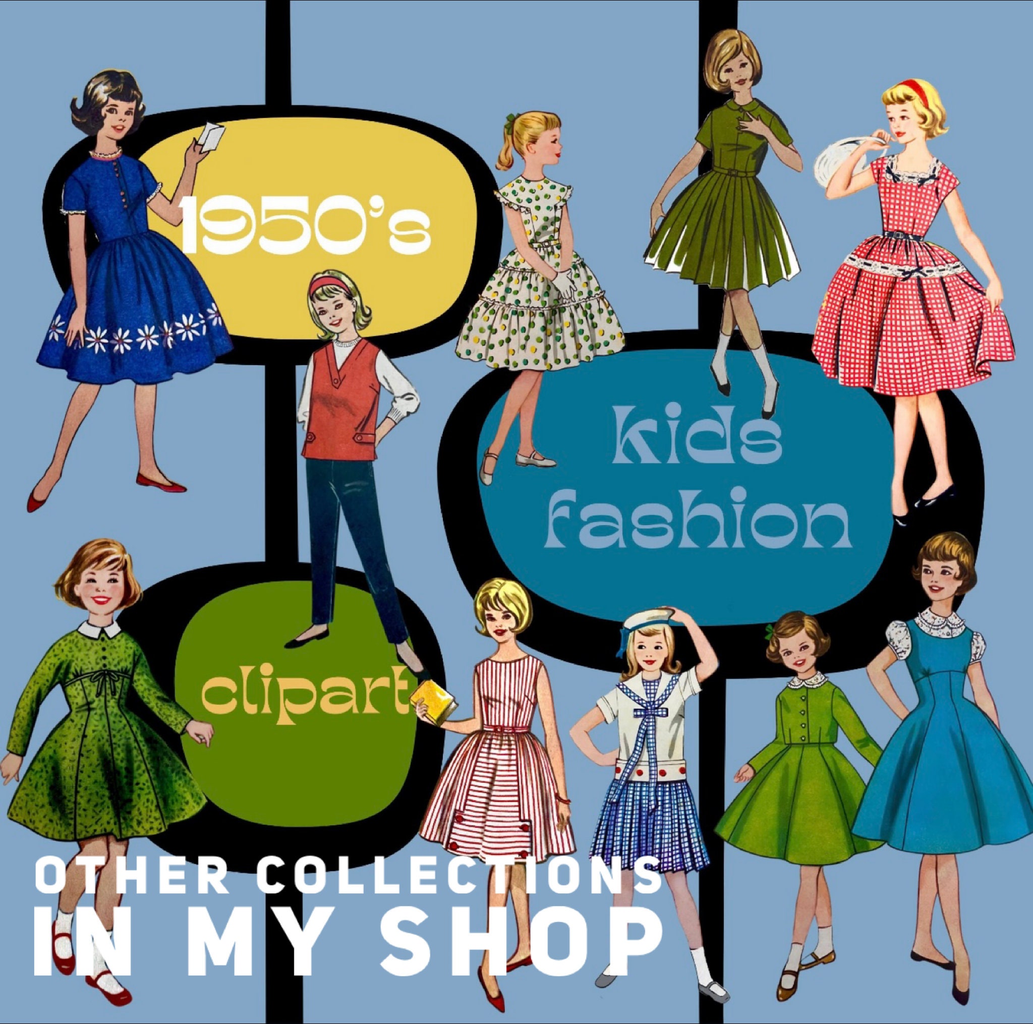 1950s Girls Fashion Clipart Bundle Midcentury PNGS Fussy Cut Fashion ...