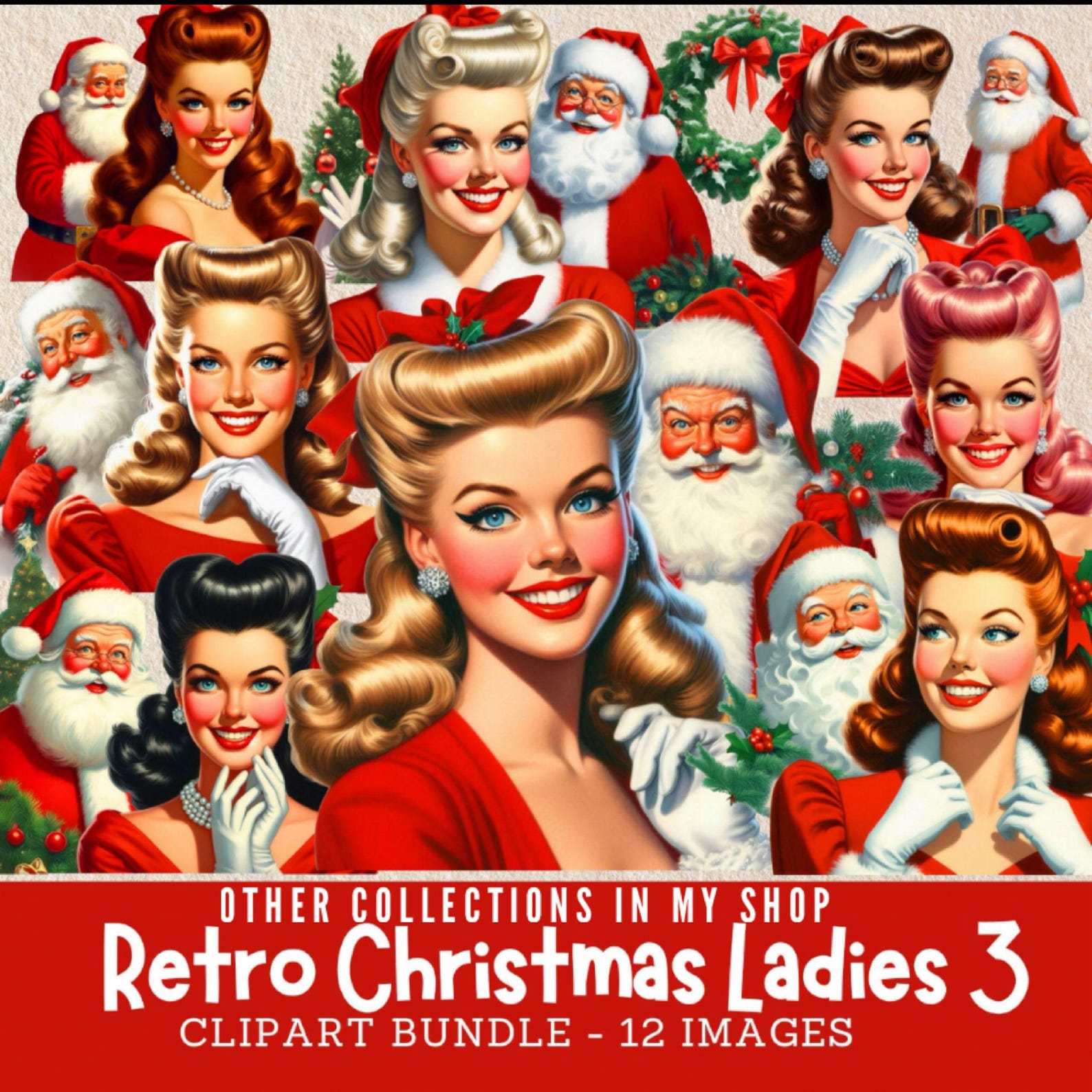 Retro Christmas Ladies Clipart Bundle Vintage 1960s Women Christmas ...