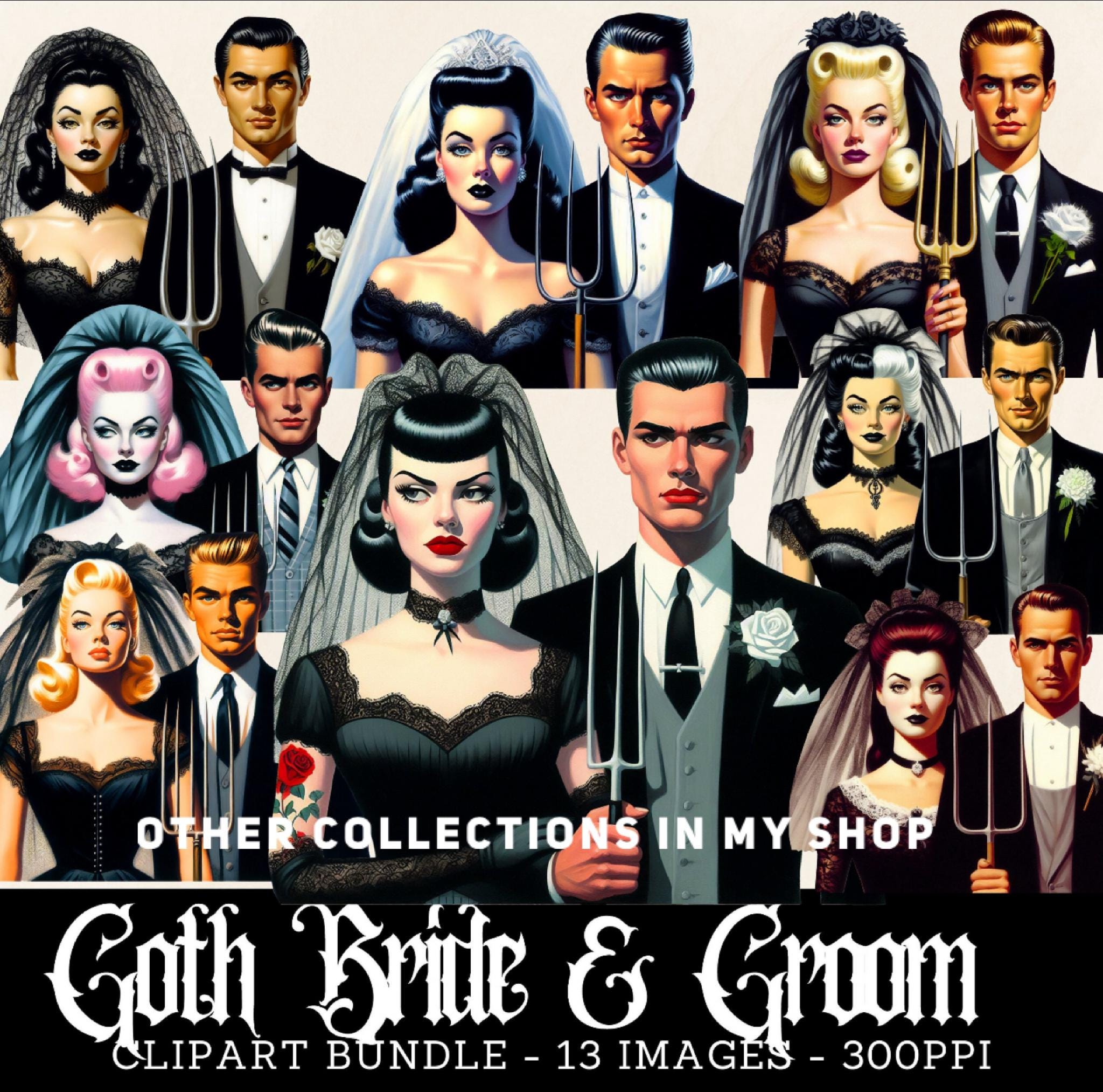 Goth Bride Frankenstein Clipart – Retro Halloween Wedding Digital ...