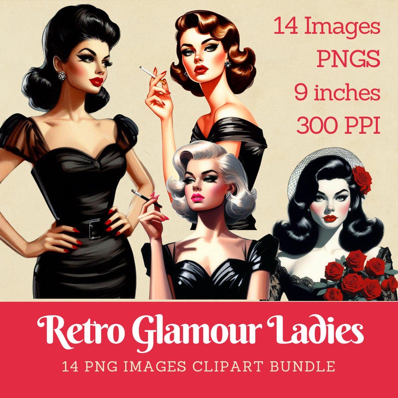 1950s Glamour Women Clip Art: Retro Ladies Digital Images (commercial ...