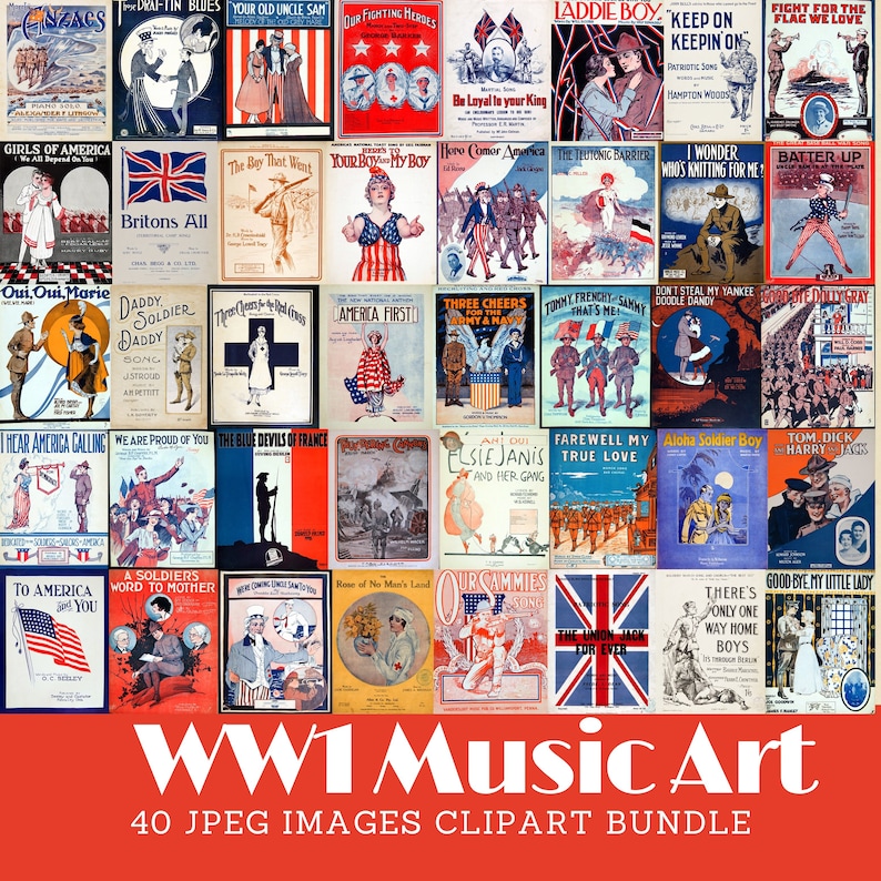 WW1 Sheet Music Clipart Bundle World War One Music Art Digital Images ...