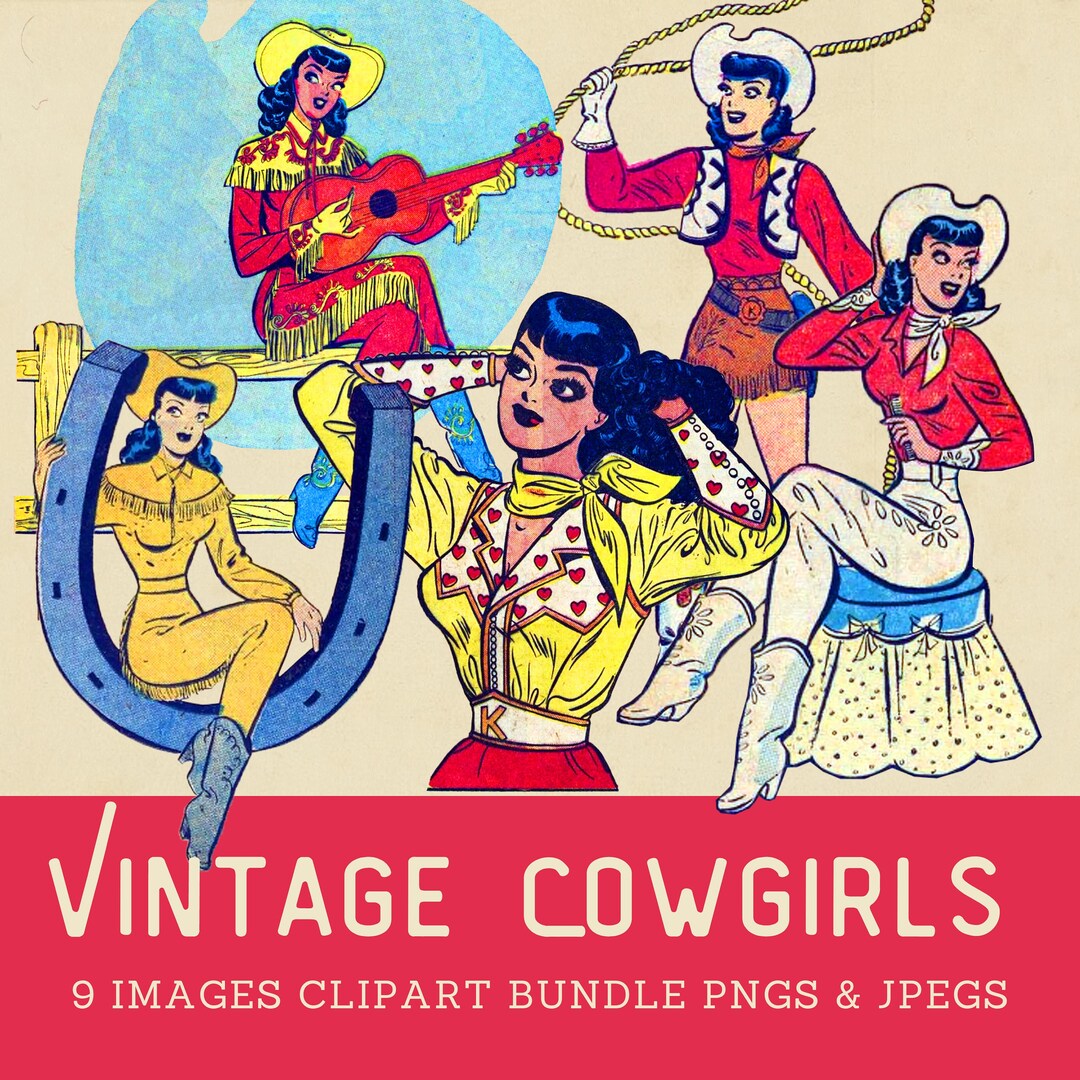Vintage Cowgirls Clipart Bundle 1940s Women Cowgirl Fussy Cuts Western ...