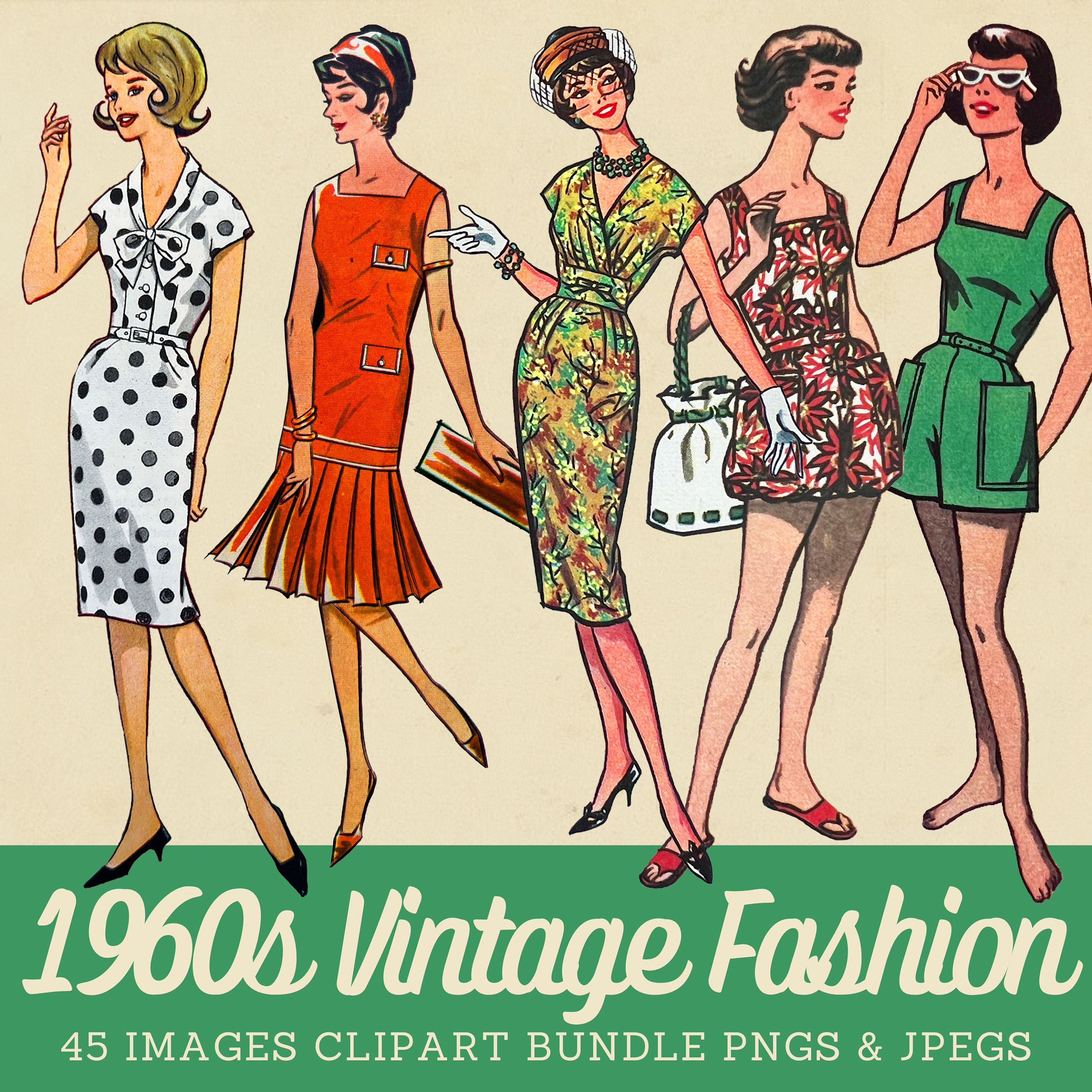 1960s Fashion Clipart Bundle, Midcentury Women's Fashion, 1960s Vintage ...
