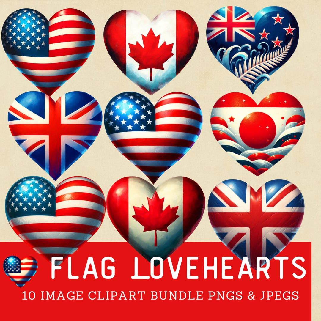 USA Flag Heart Clipart Bundle - Flags of Canada Japan Great Britain New ...