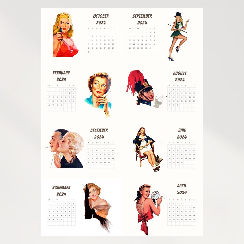 Retro Ladies Smoking Printable 2024 Calendar Vintage Wives Planner ...