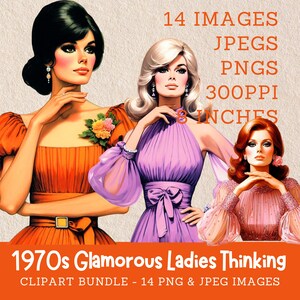 1970s Glamorous Ladies Thinking Clipart Bundle 1970s Women Fussy Cuts ...
