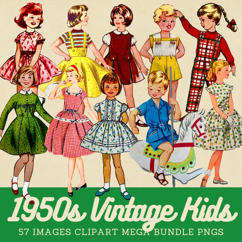 1950s Clipart Vintage Kids PNG Midcentury Fashion Clipart Bundle 1950s ...