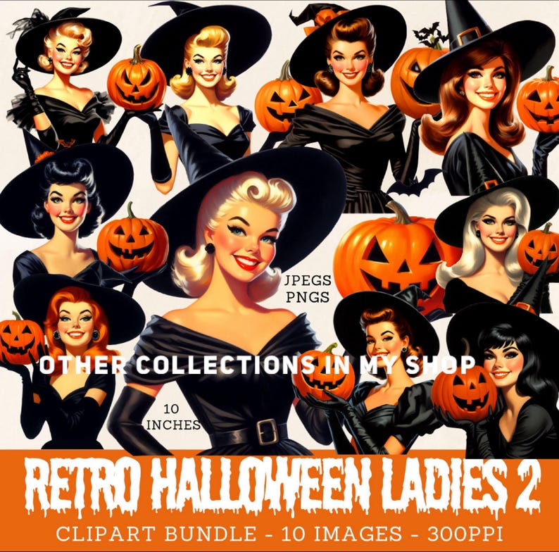 Retro Halloween Ladies Clipart Bundle 1950s Halloween Women Vintage ...