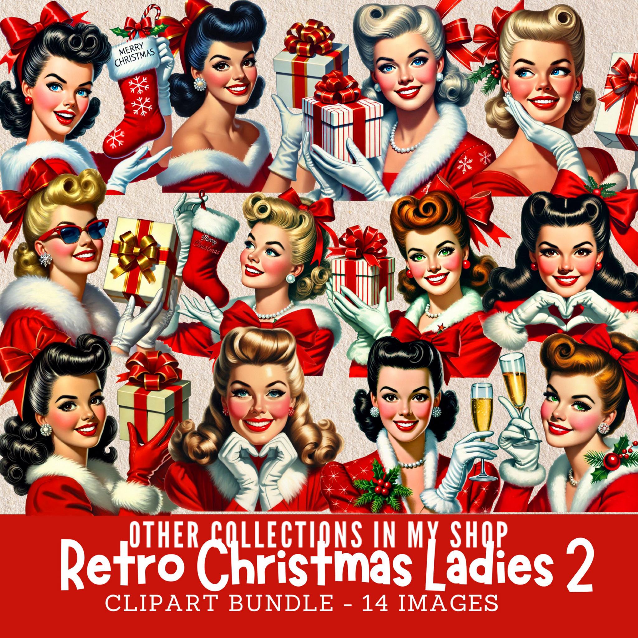 Retro Christmas Ladies Clipart Bundle Vintage 1960s Women Christmas ...