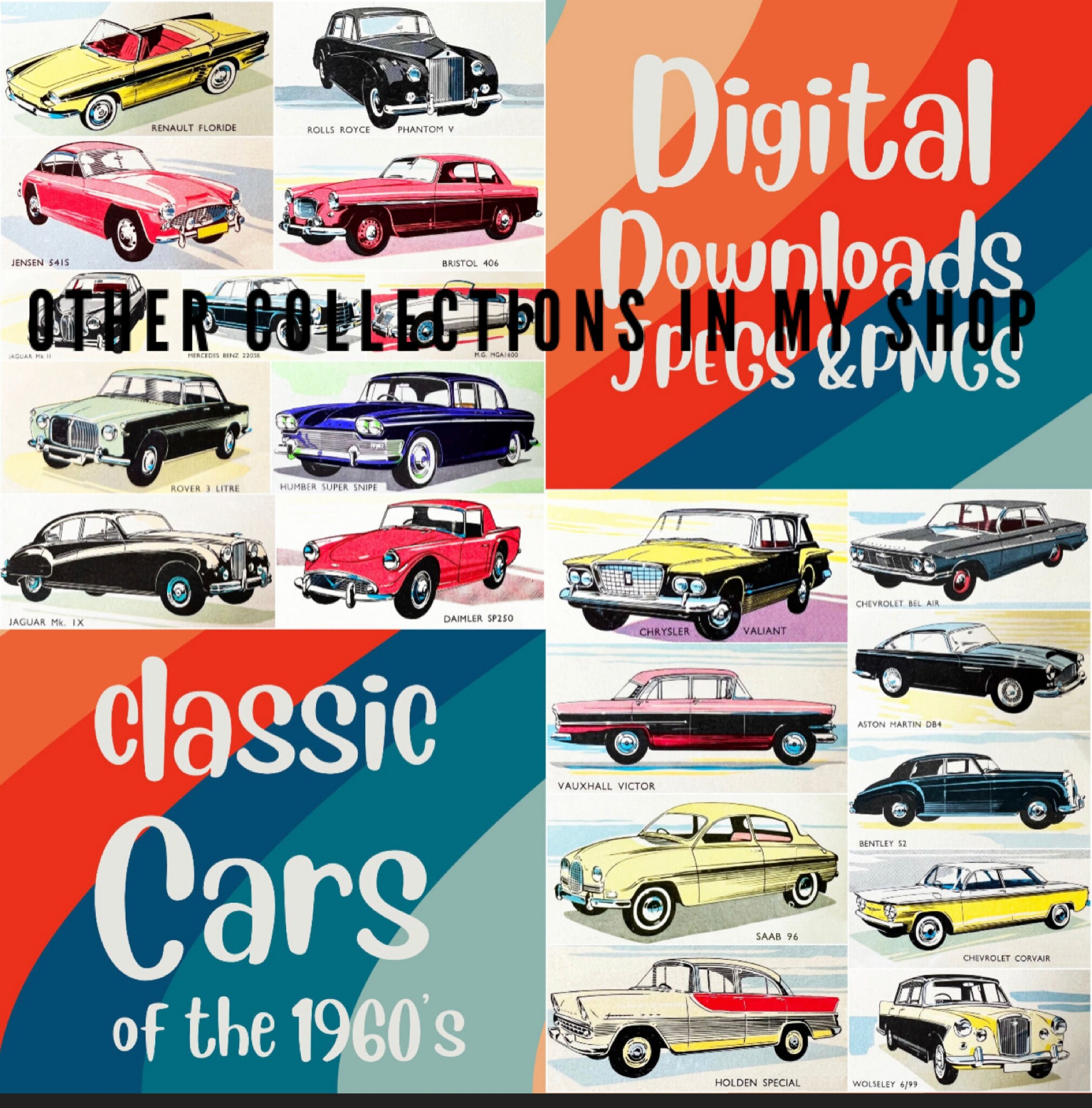 1960s Cars Clipart Bundle Vintage Cars Midcentury Cars Clipart Bundle ...