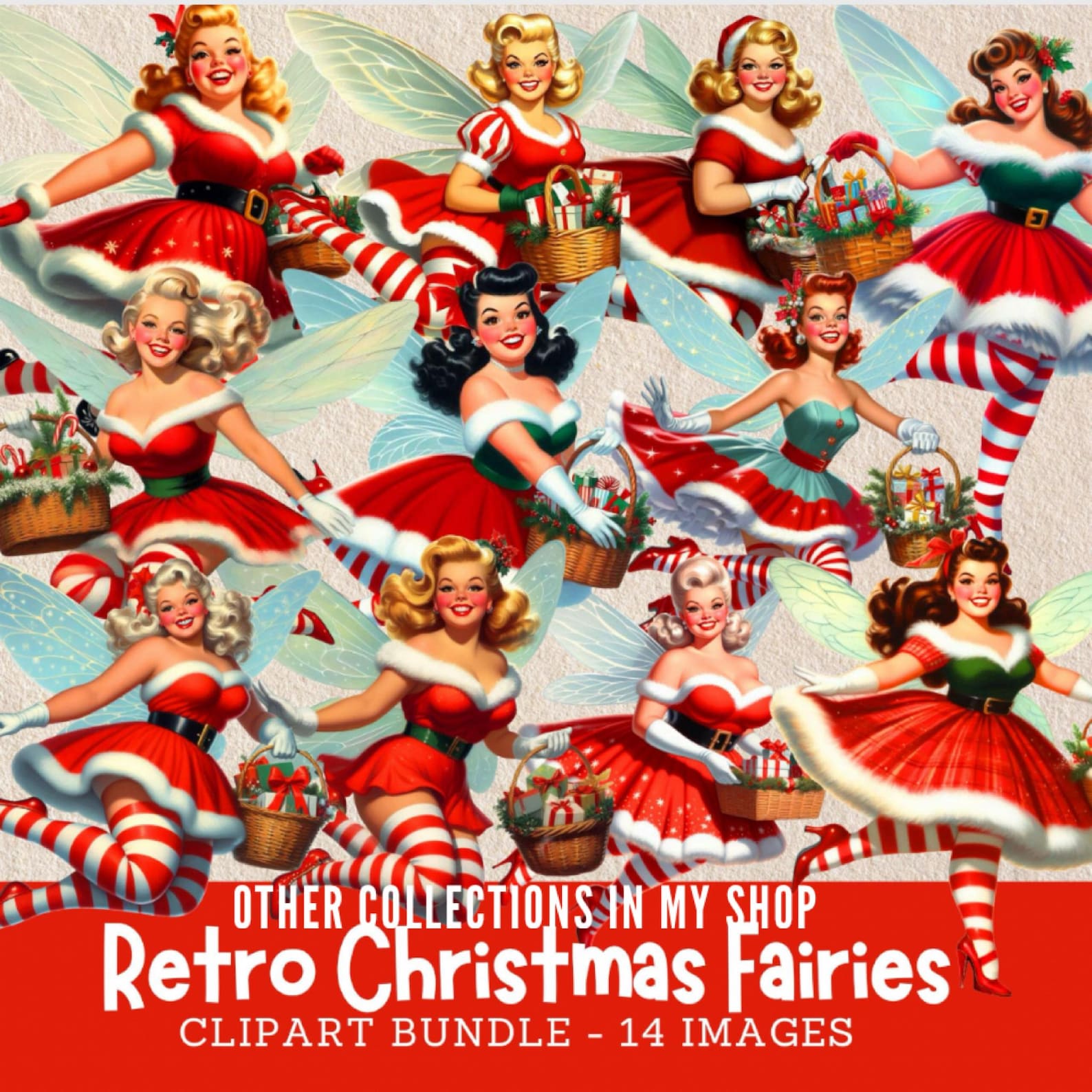 Retro Christmas Ladies Clipart Bundle Vintage 1960s Women Christmas ...