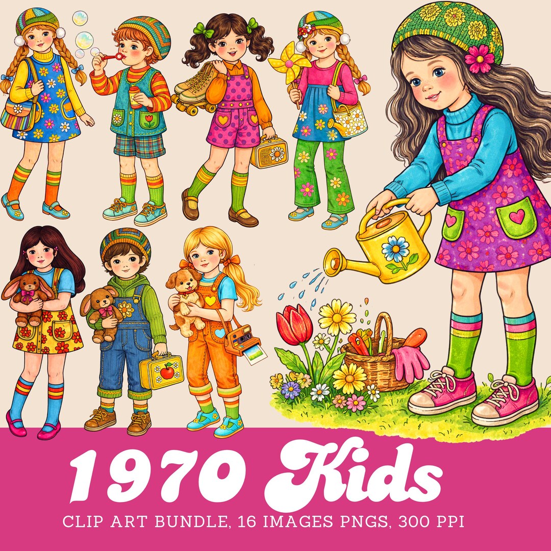 1970s Kids Clipart Bundle: Vintage Children in 1970s Fashion PNG ...