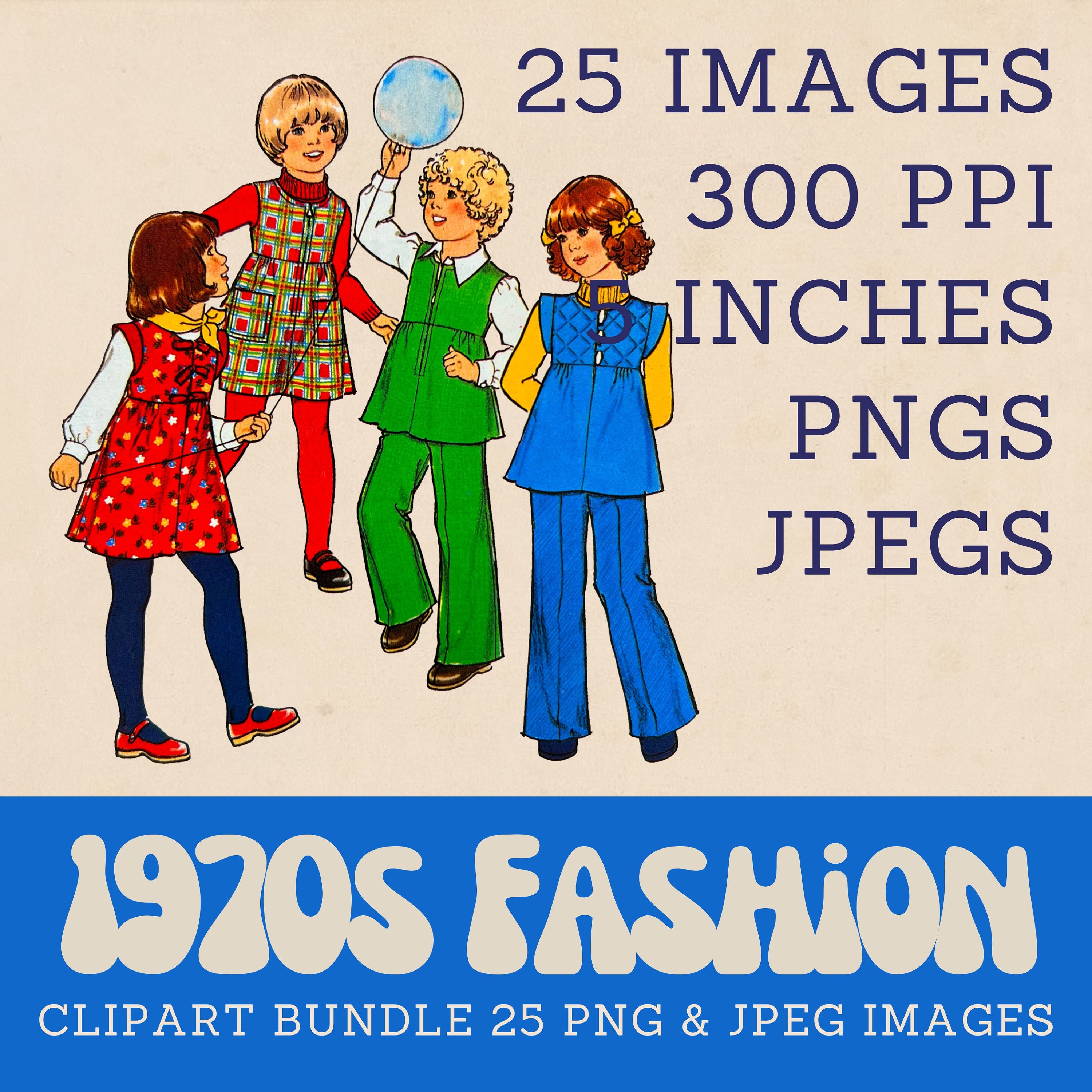 1970s Kids Fashion Clipart Bundle: Retro Children PNG, JPG (digital ...