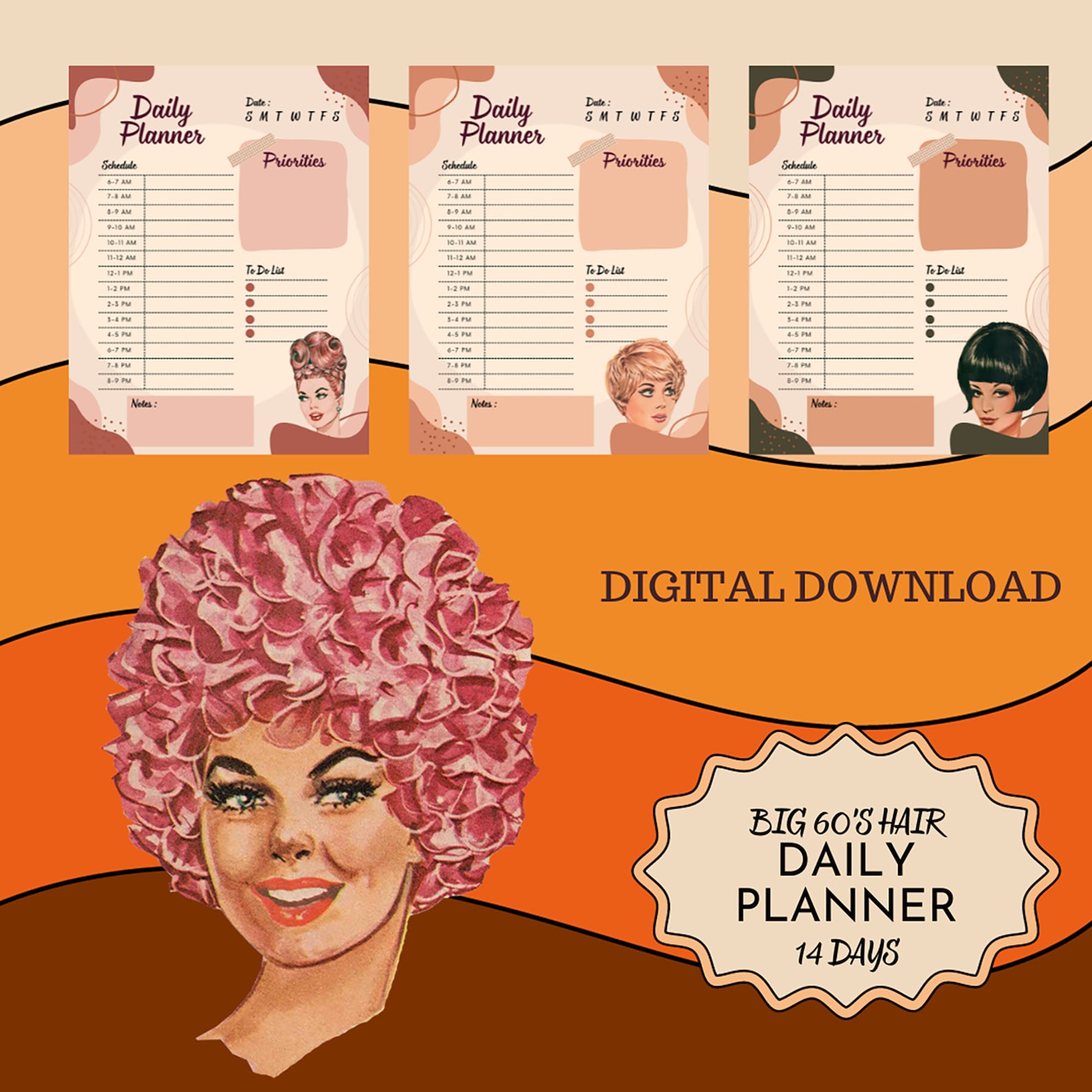 Retro Daily Planner 14 Pages 1960s Style Retro to Do List Retro Hair ...