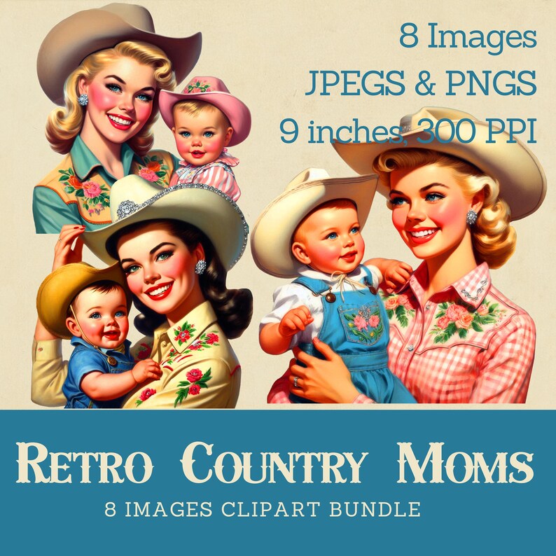 Vintage Cowgirl Moms Clipart Bundle: Retro Western PNG (commercial Use ...