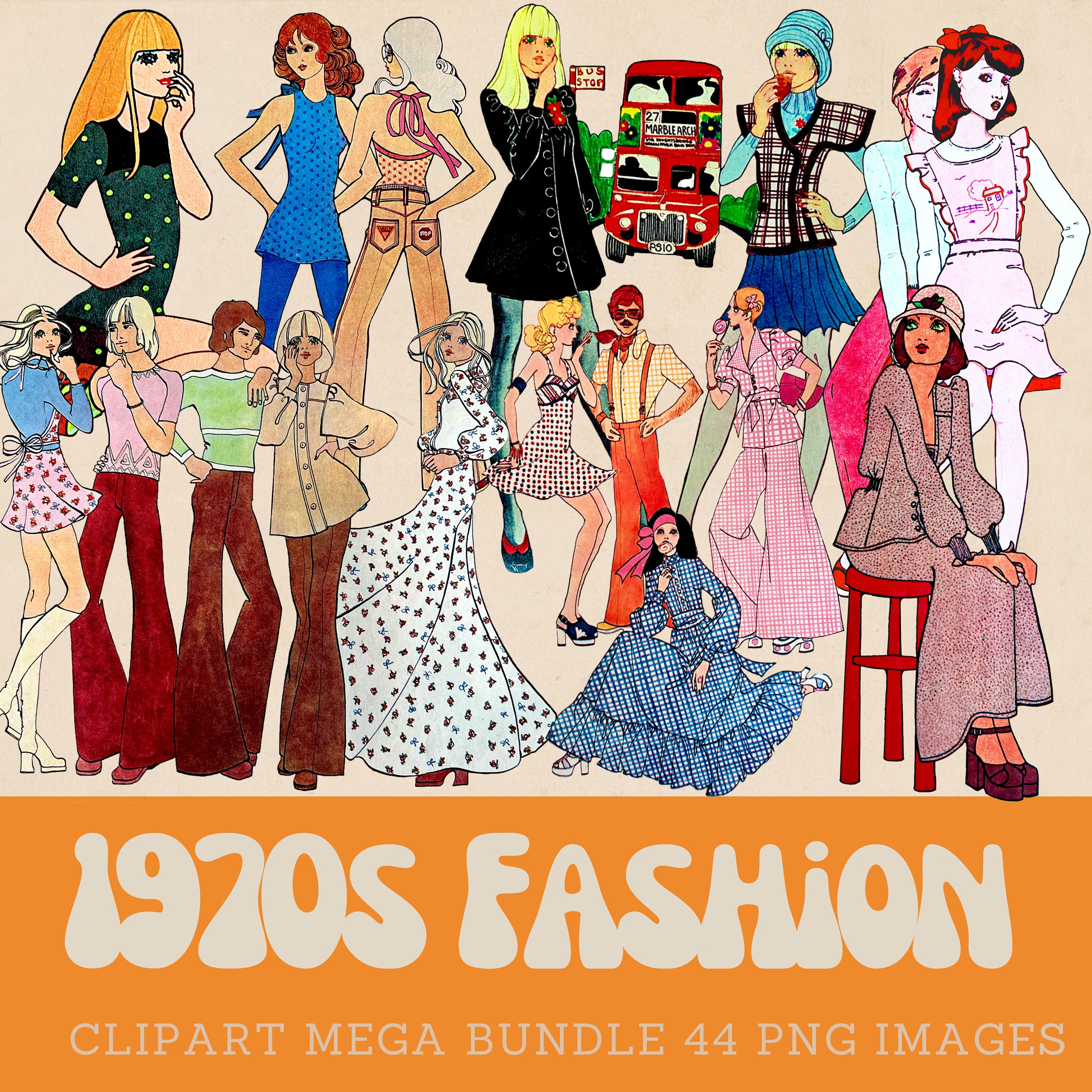 1970s Fashion Clipart Bundle Groovy 70s Teens 70s Vintage Clipart Mega ...