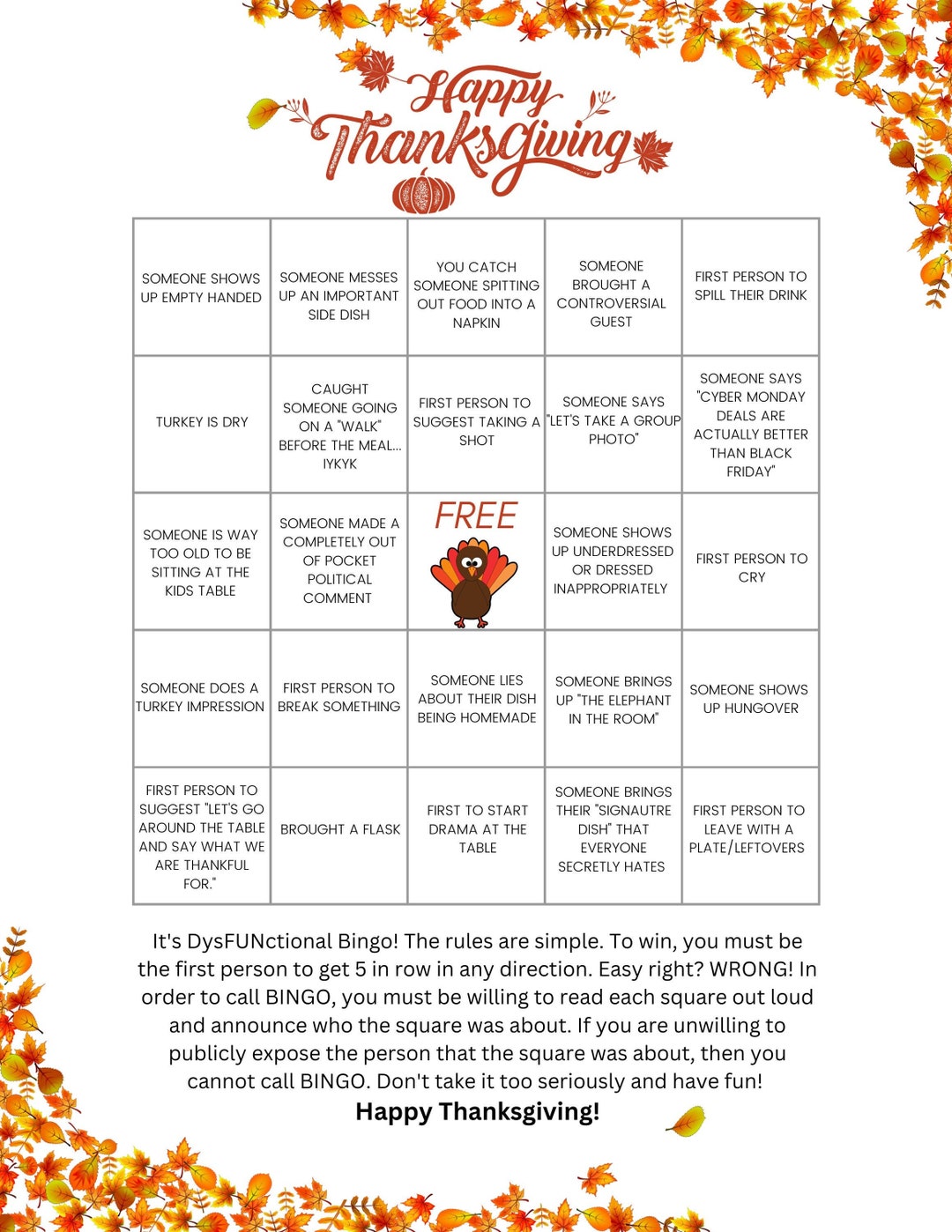 Thanksgiving Bingo (dysfunctional Edition) - Etsy