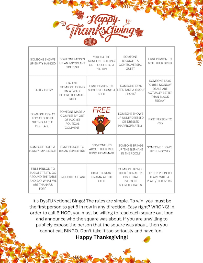 Thanksgiving Bingo (dysfunctional Edition) - Etsy