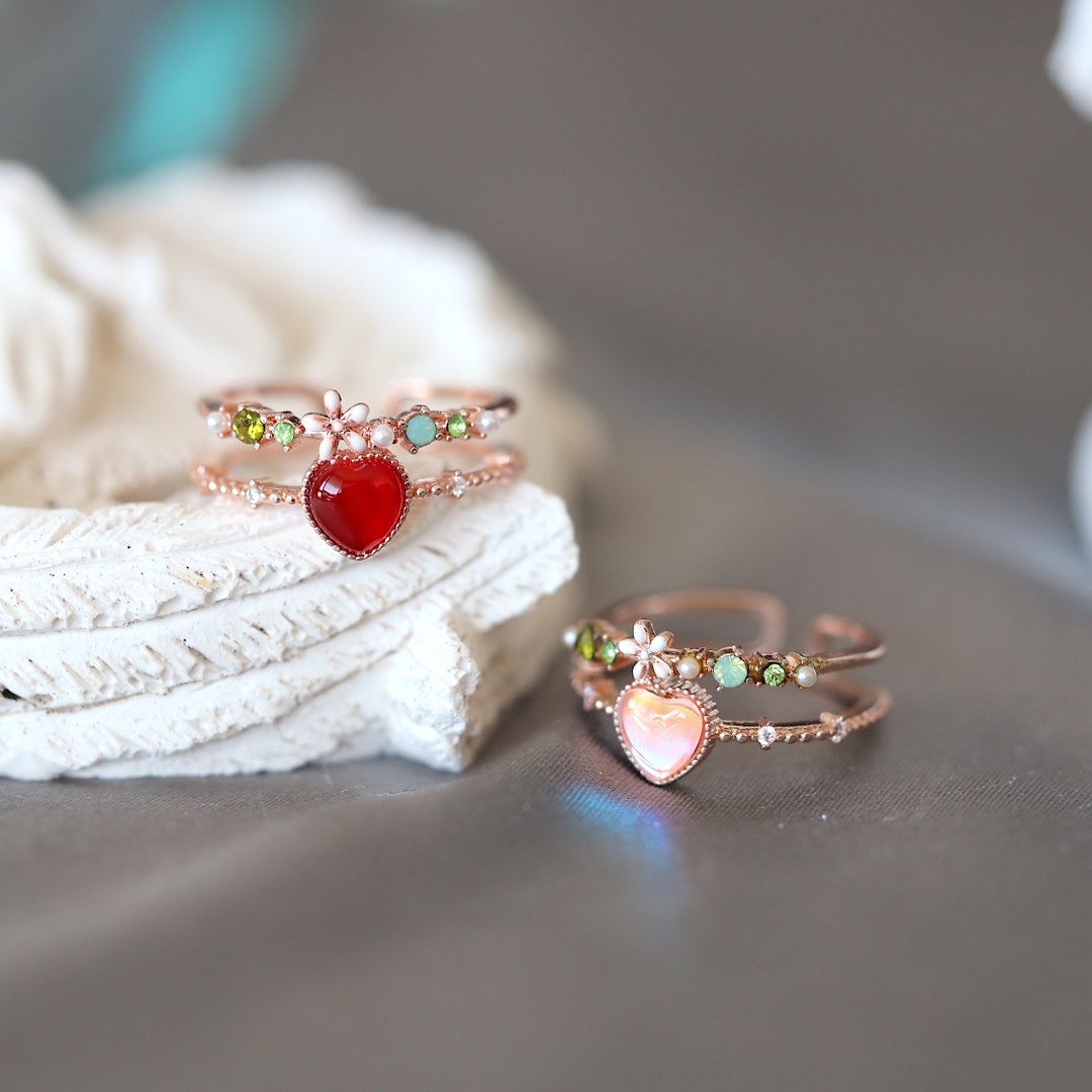 Rose Gold Heart Ring, Red Heart Ring, Pink Heart Lace Ring, Heart Gemstone Ring, Couple Ring ...