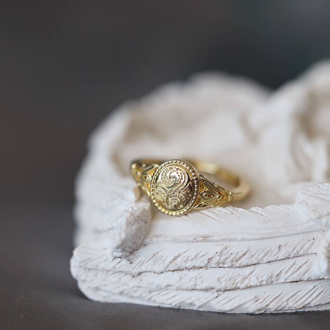 Floral Signet Ring, Adjustable Flower Gold Ring, Gold Coat Silver Ring ...