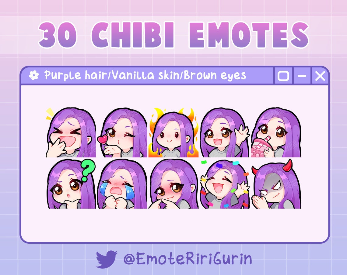 SUPER SET Cute Girl Chibi Emotes vanilla Skin/purple Hair/brown Eyes ...