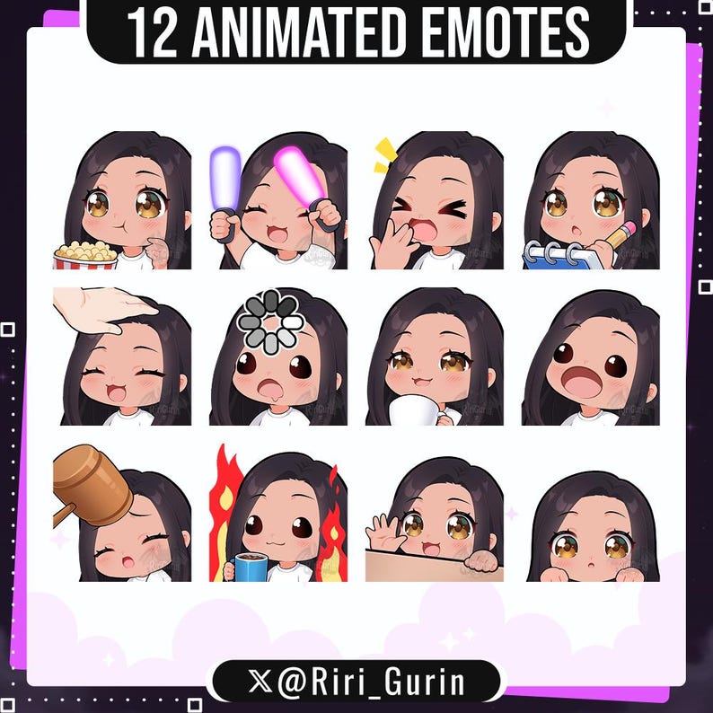 Chibi Girl Animated Emotes for Stream (black Hair | Medium Skin) | Pack ...