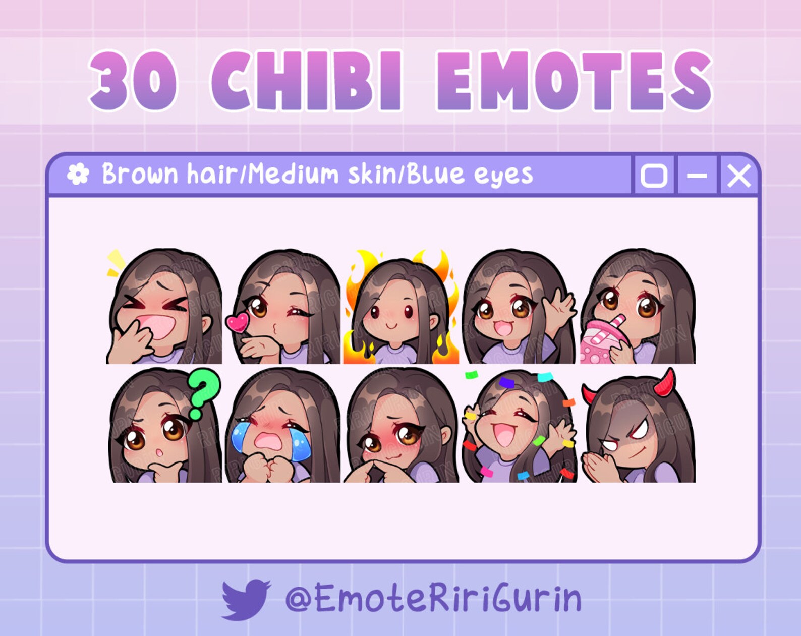 SUPER SET Cute Girl Chibi Emotes medium Skin/brown Hair/brown - Etsy