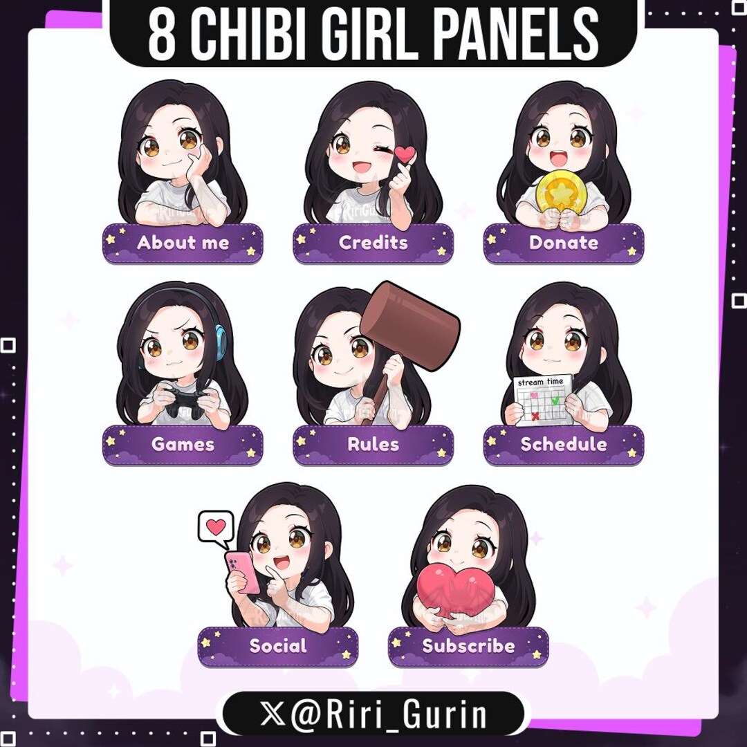 Chibi Girl Panel for Stream (black Hair | Light Skin) | Pack Streaming ...