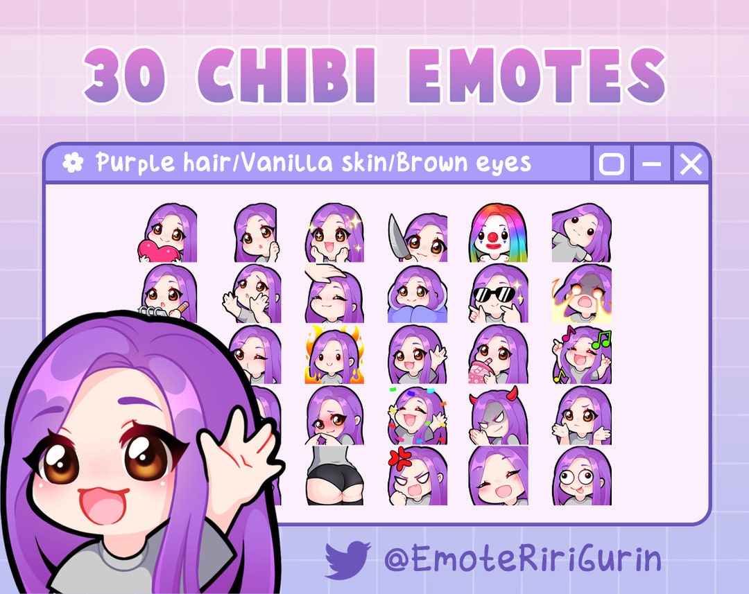 SUPER SET Cute Girl Chibi Emotes vanilla Skin/purple Hair/brown Eyes ...