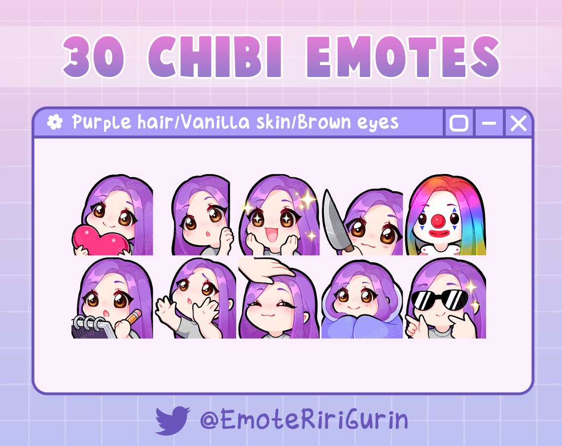 SUPER SET Cute Girl Chibi Emotes vanilla Skin/purple Hair/brown Eyes ...