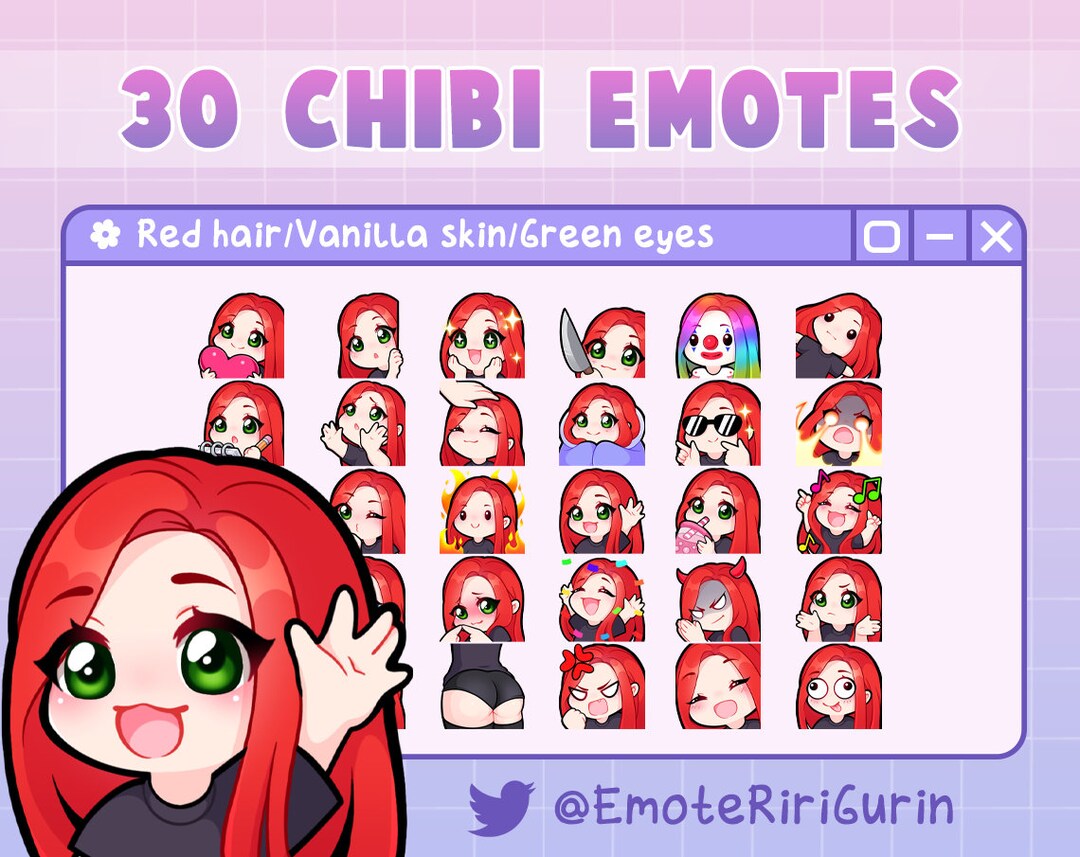 SUPER SET Cute Girl Chibi Emotes piel de vainilla/pelo rojo/ojos verdes ...